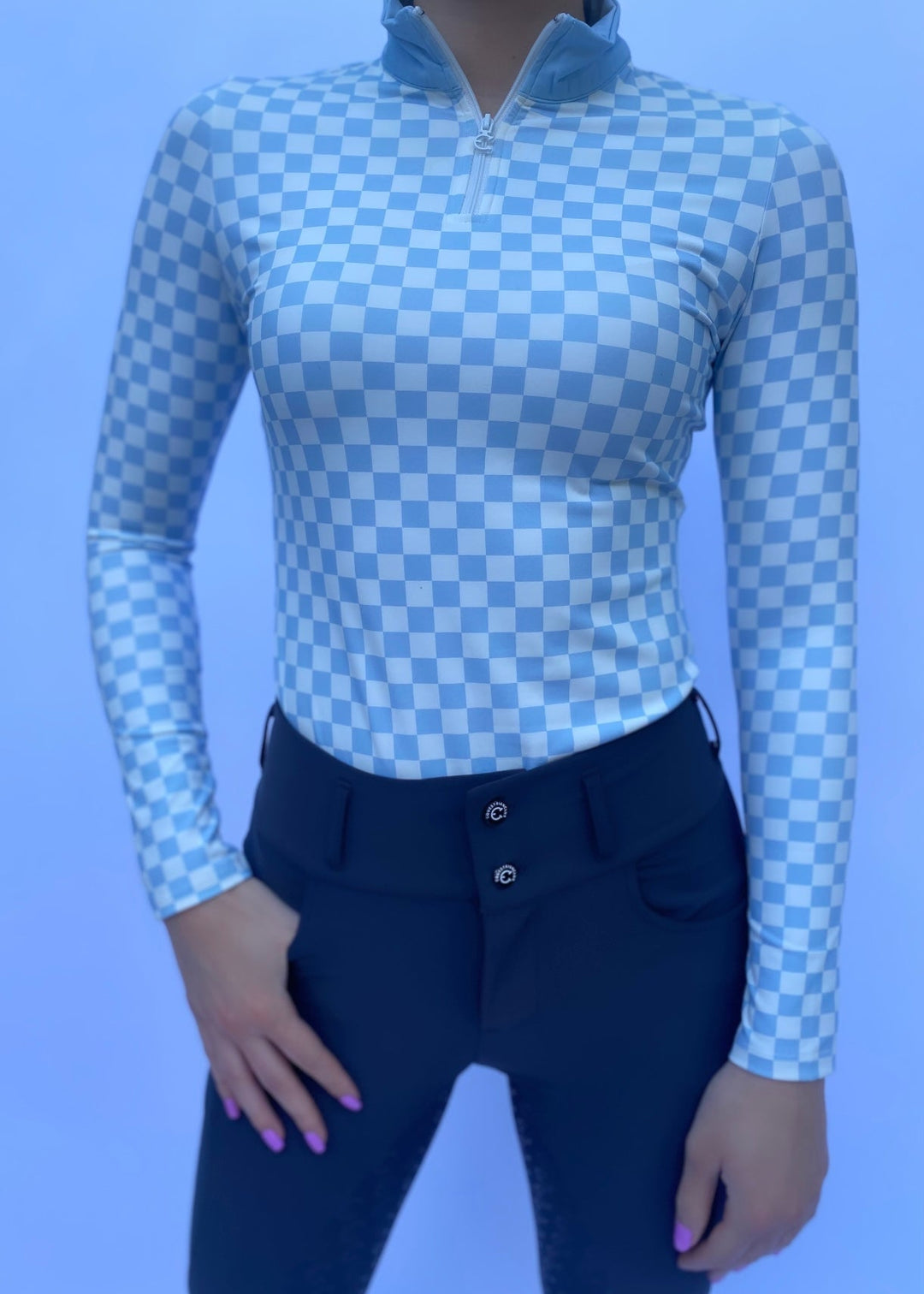 Equestrian Club MIA Checkered Blue Long Sleeve Riding Shirt – Equiluxe Tack